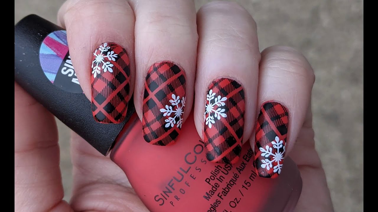 Red Plaid Buffalo Nails Snowflake Design with Nail Stamping - YouTube