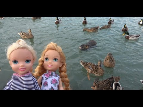Elsa and Anna toddlers feed the ducks - YouTube