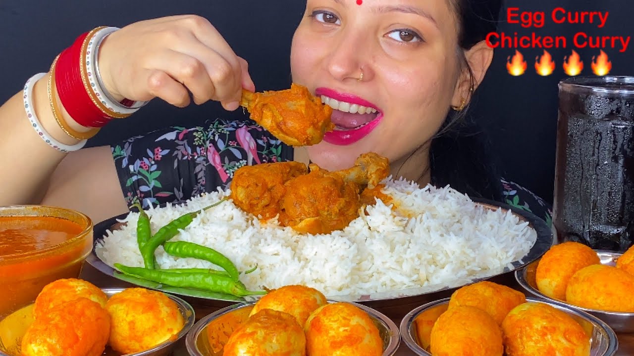 Eating Lots Of Spicy 🔥 Egg Curry, Chicken Curry, Rice | Huge Indian ...