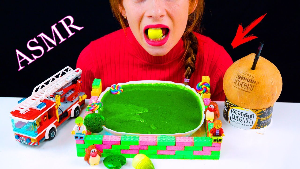 ASMR EATING BANANA SWIMMING POOL WITH GREEN TEA MATCHA AND EDIBLE LEGO ...