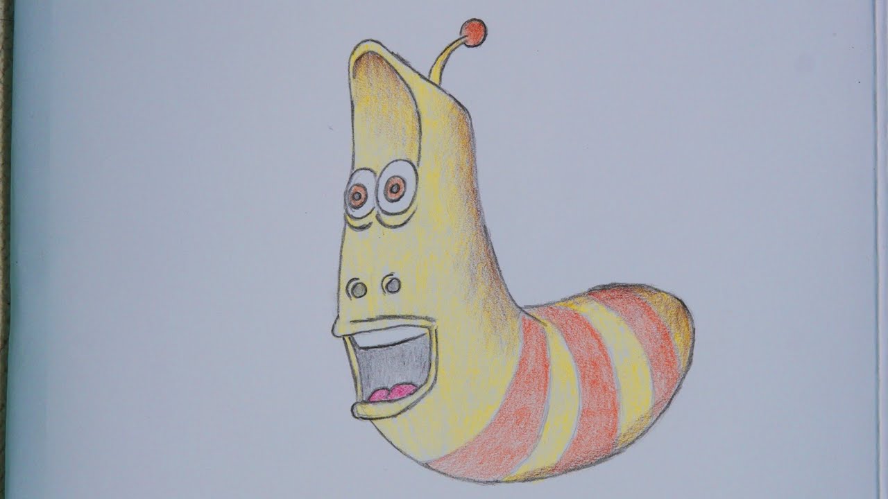 menggambar kartun larva kuning dengan pensil warna. draw yellow larva ...