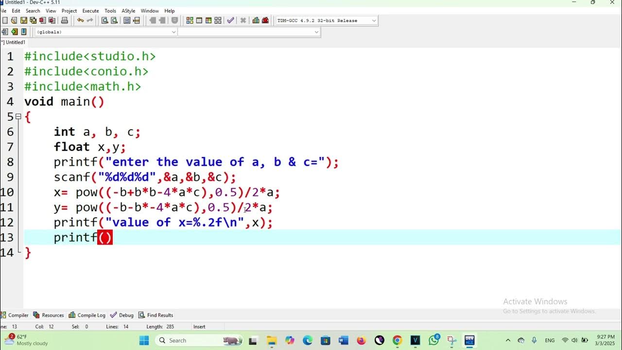 Writing a program to solve quadratic equation using C programing languages - YouTube