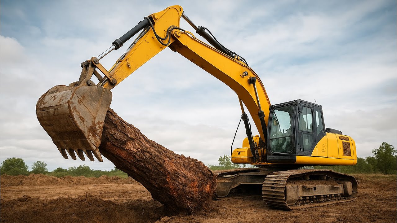 Excavator Operation: Removing a Large Tree Trunk from Construction Site ...