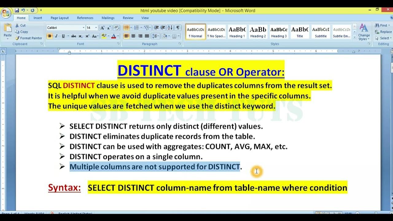 Distinct Clause In Sql Practical Explanation Distinct Sql Dbms Telugu Youtube