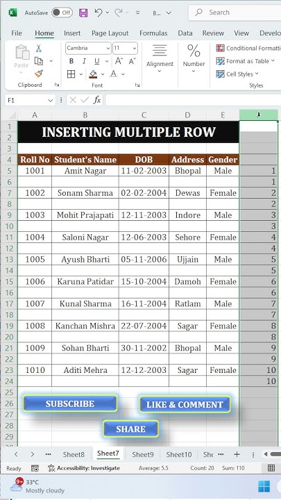 Inserting Multiple Row at Once #excel #viralvideo #exceltips #excelfunctions - YouTube