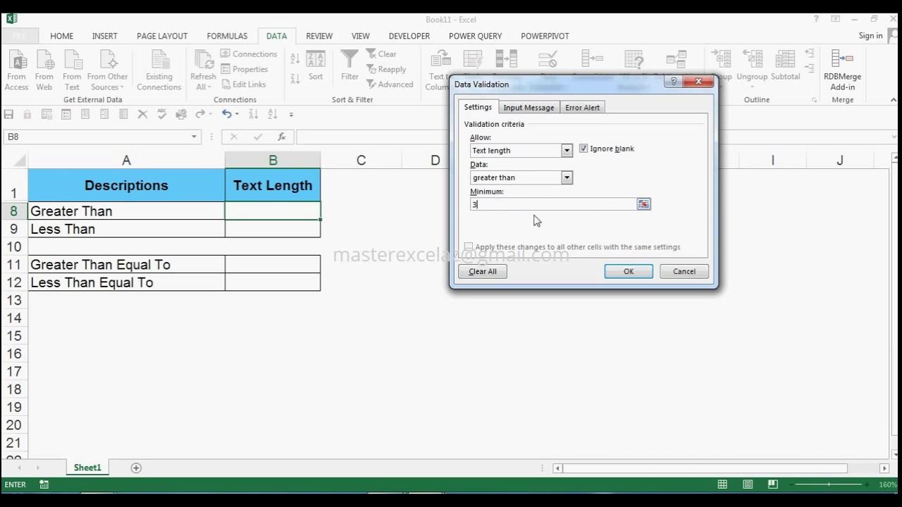How to create Text Length Data Validation in MS Excel 2013 - YouTube