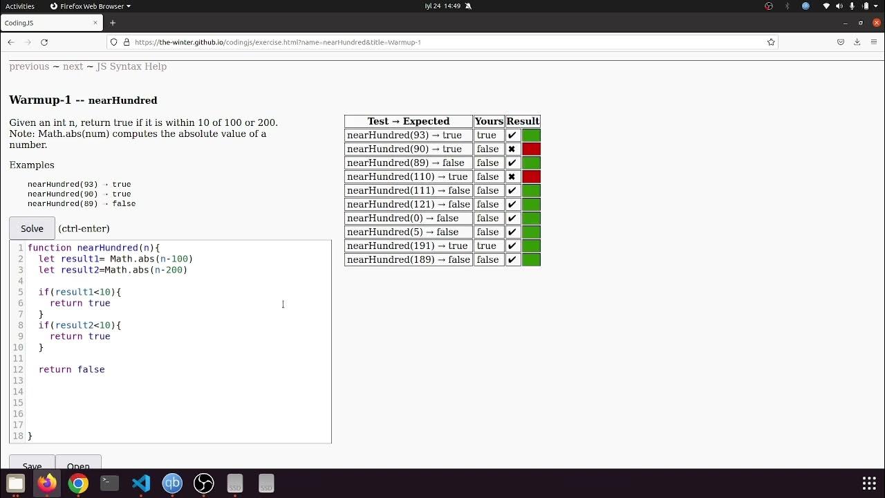 Warmup 1 nearHundred javascript solution - YouTube