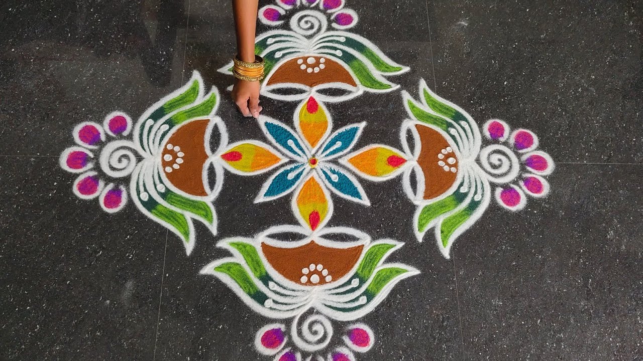 Diwali Special Deepam Rangoli Design with 7x1 dot🌹Beautiful Rangoli🌹 ...