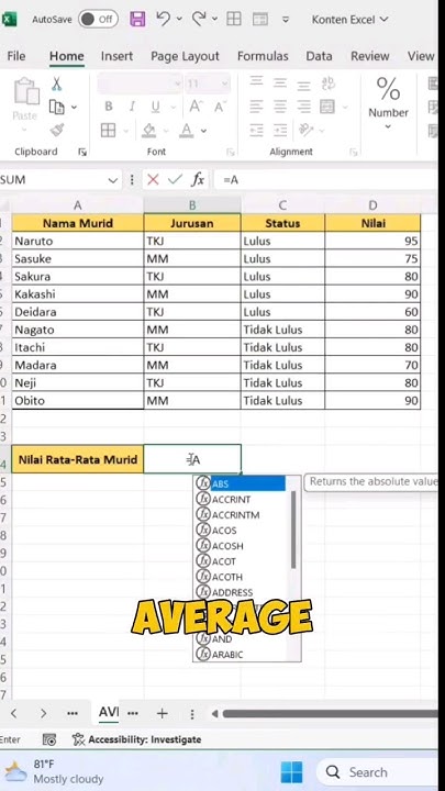 Pelajari cara menghitung rata-rata dengan fungsi AVERAGE di Excel. #Excel #TutorialExcel # ...