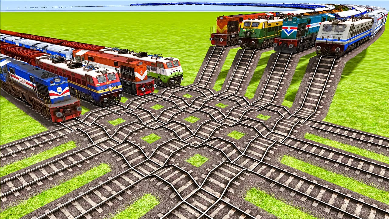 8 High Speed Trains Crossing Bumpy Overlapping Stairs Rail tracks ...