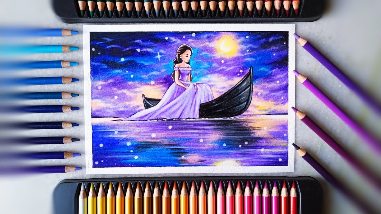 Girl in a boat night scenery drawing with brustro coloured pencils ...