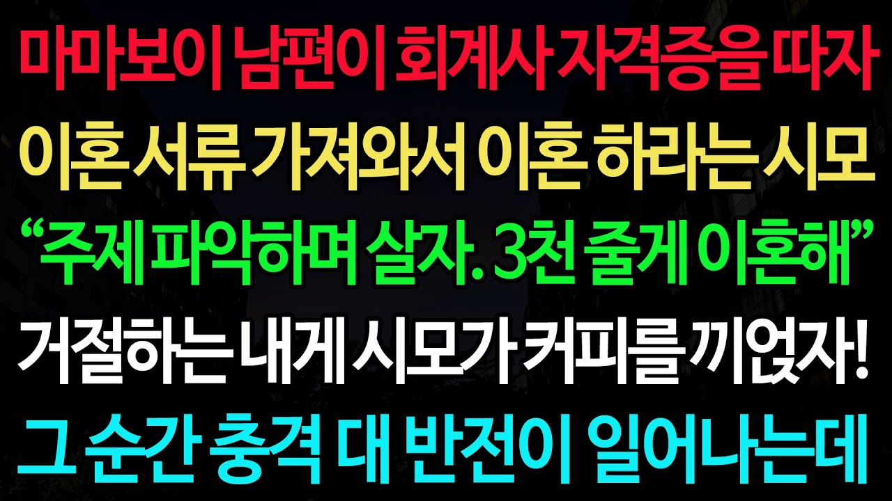 실화사연 마마보이 남편이 회계사 자격증을 따자 이혼 서류 가져와서 이혼 하라는 시모 주제 파악하며 살자 3천 줄게 이혼해