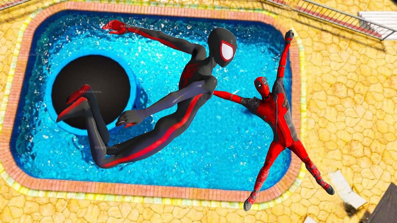 Superheroes on a motorcycle ride over the sea along the Spider-Man ...