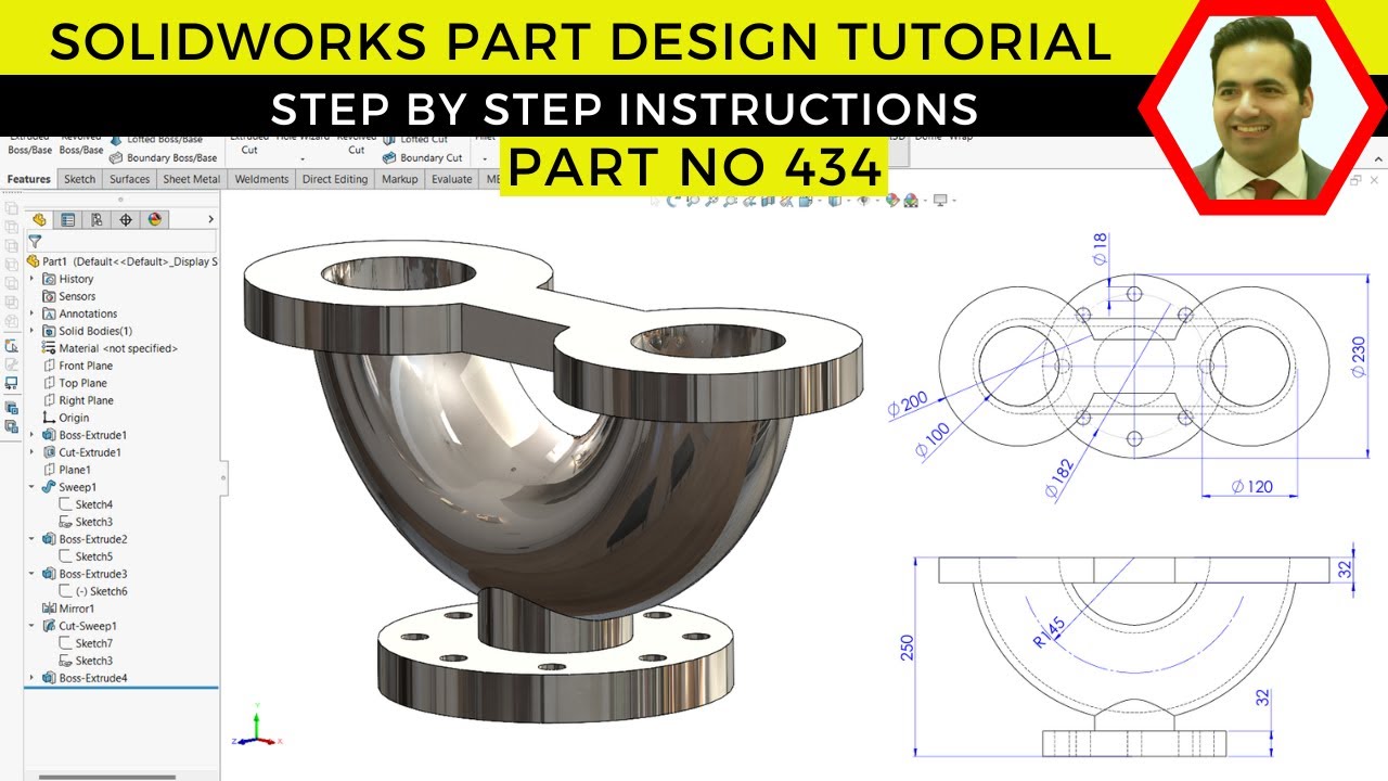 SolidWorks 3D Modeling Tutorial | Sweep, Extrude, Mirror & Cut Features ...