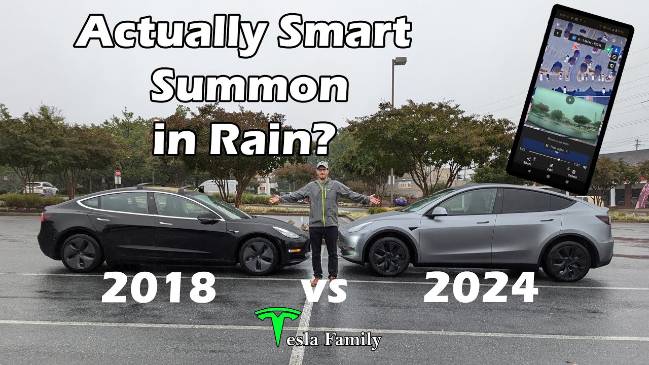 Testing Tesla Actually Smart Summon in the Rain | 2018 Model 3 HW3 vs ...