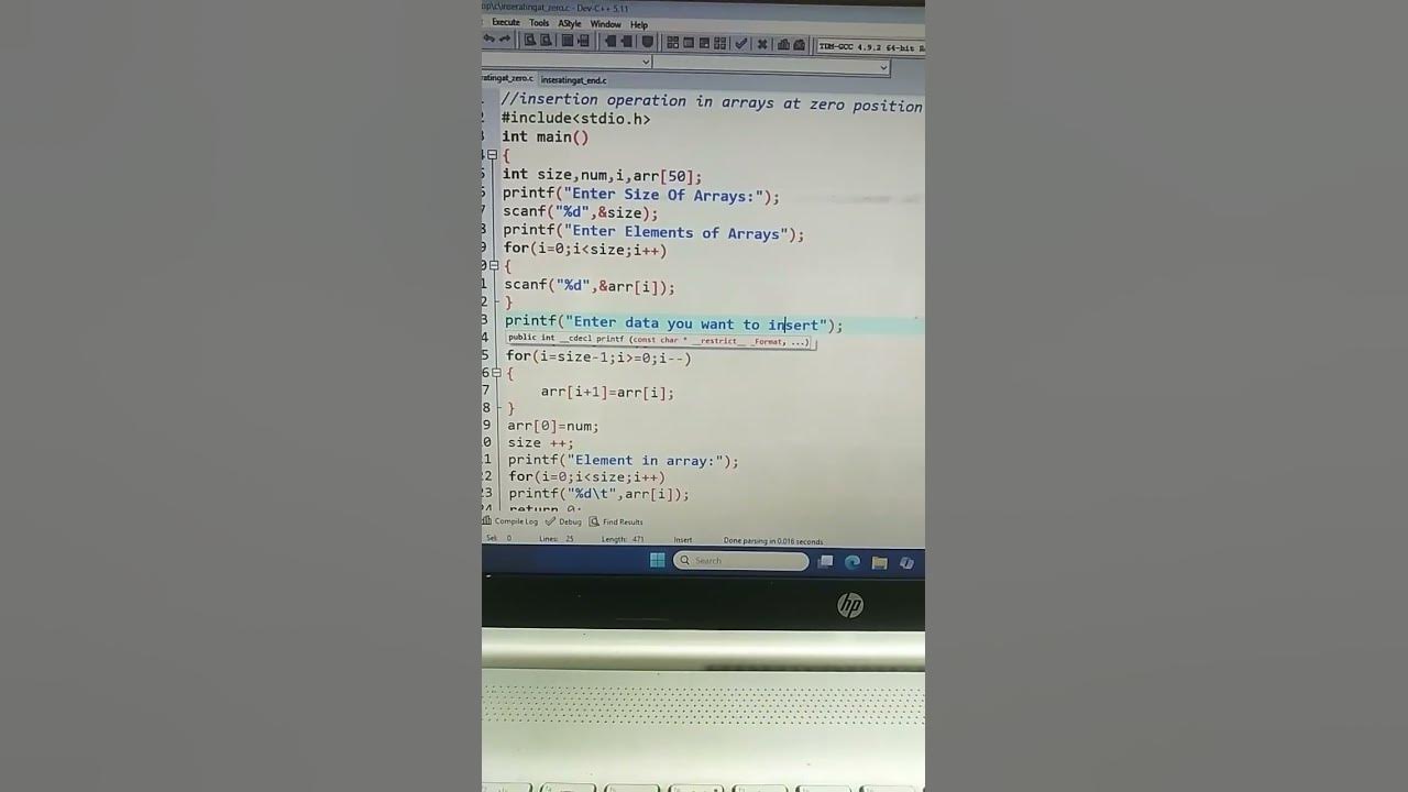 #insertion Operation in array at zero position DSA Through C - YouTube