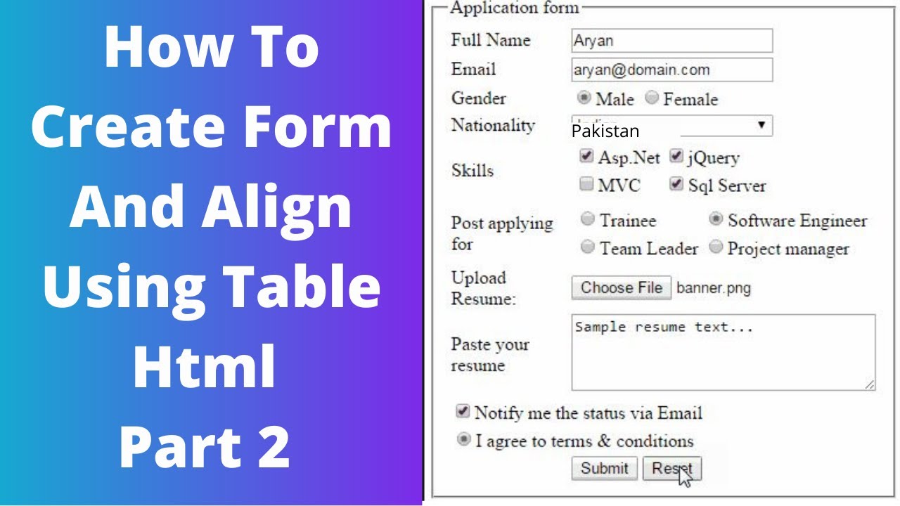 How To Create Form And Align Using Table Html Part 2 Youtube 3916