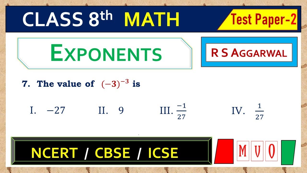 Math Class 8 | Test Paper - 2 | Qus. 7 | Exponents | Chapter - 2 | R S ...