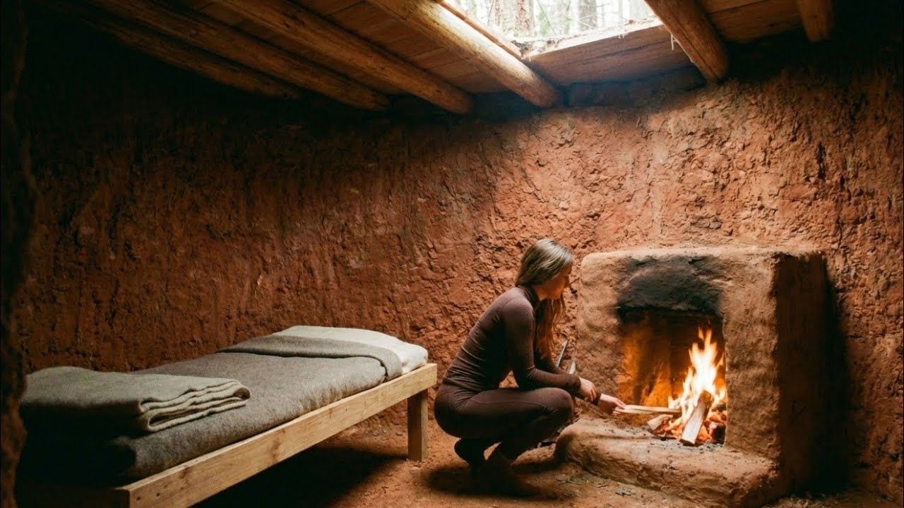 I Built a Warm Underground Shelter with Fireplace | Solid Log Roof ...
