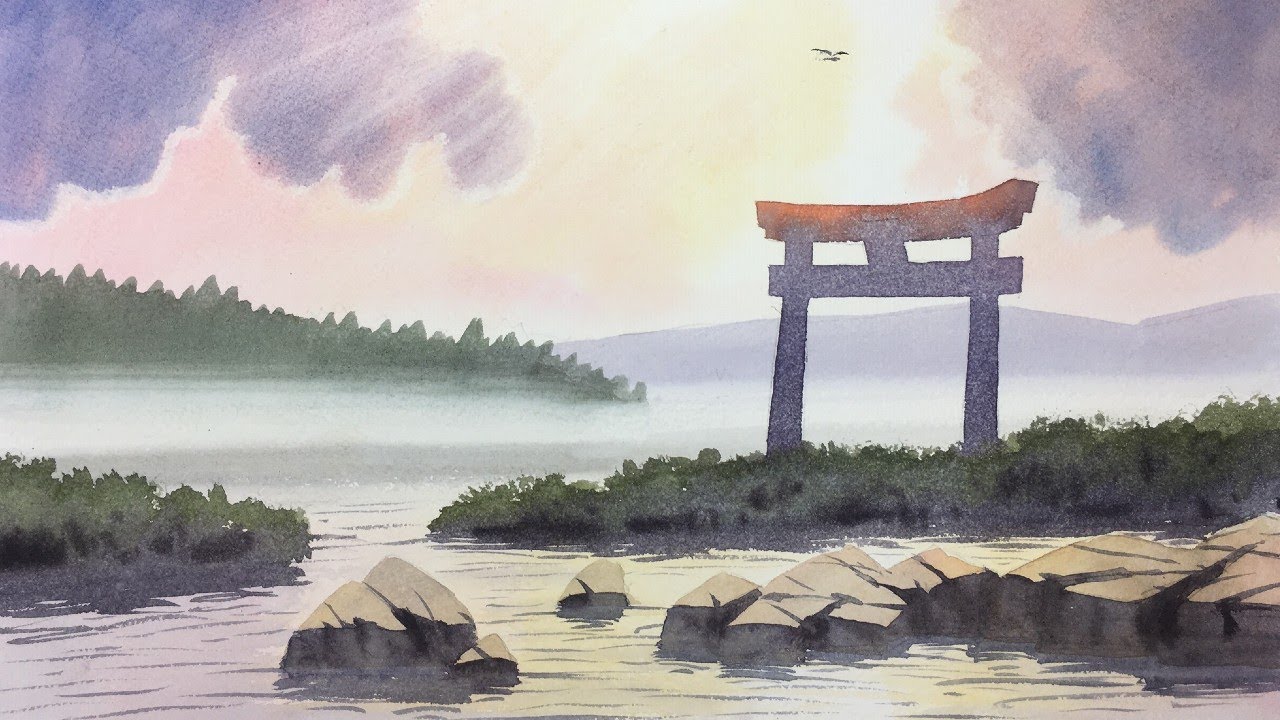 Painting a Japanese Torii in watercolor with just 3 brushes and 3 ...