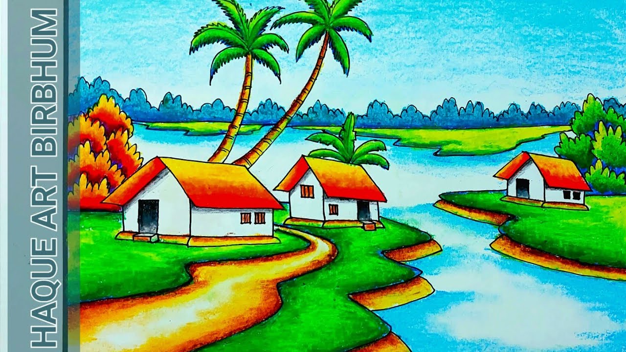 How to draw easy Village Scenery with Oil Pastel | Step by step ...