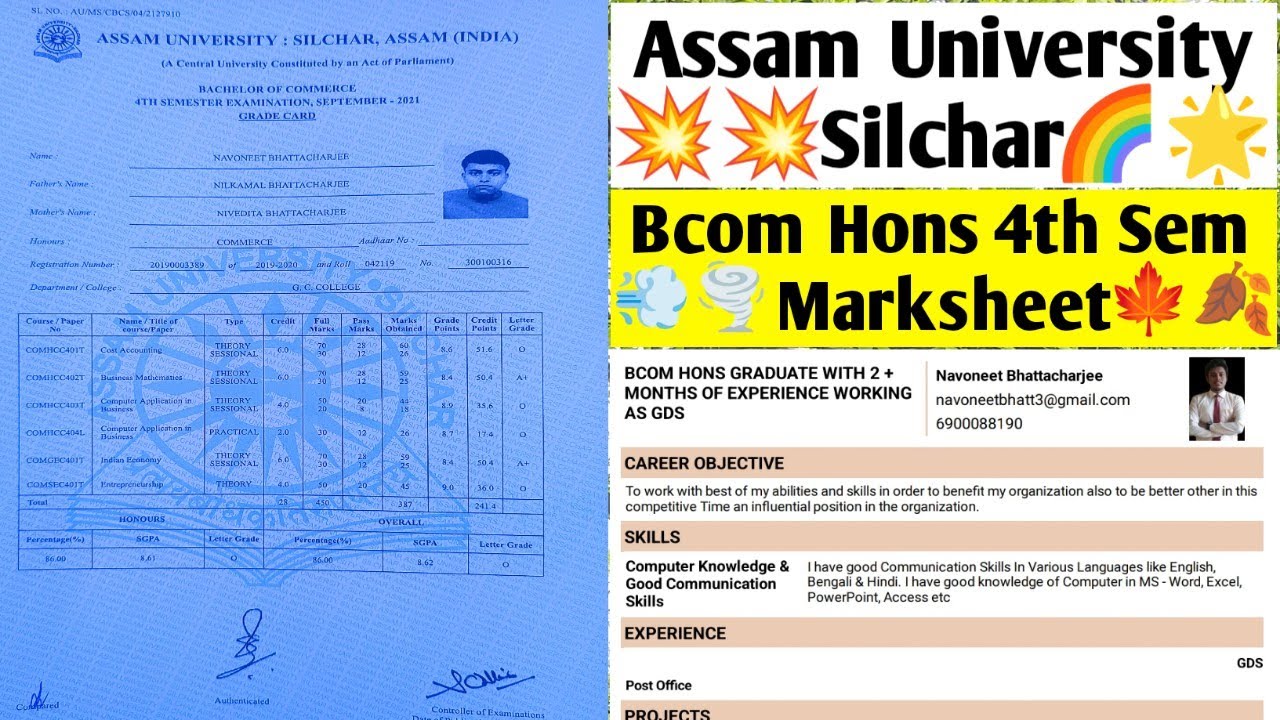 Assam University Silchar | Bcom Hons 4th Semester Marksheet 2022 | 86% ...