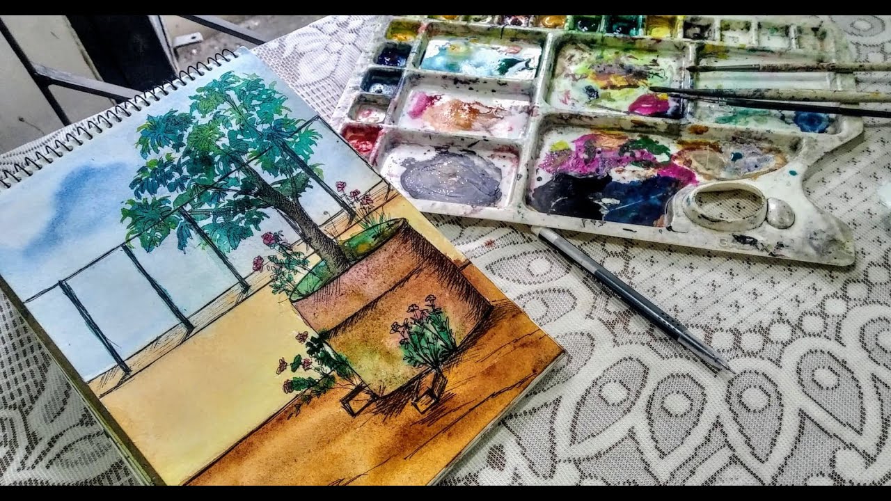 watercolor over pen sketch - YouTube