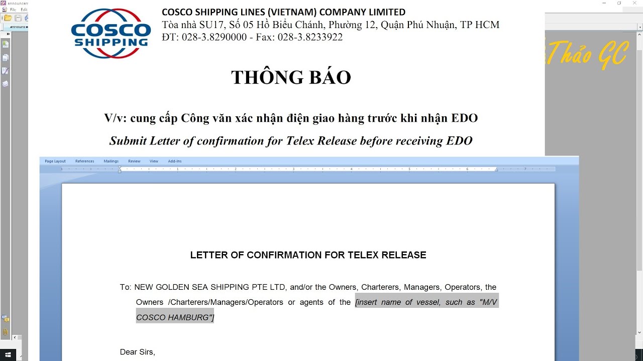 MẪU LOI XÁC NHẬN ĐIỆN GIAO HÀNG TRƯỚC KHI NHẬN EDO HÃNG TÀU COSCO - YouTube