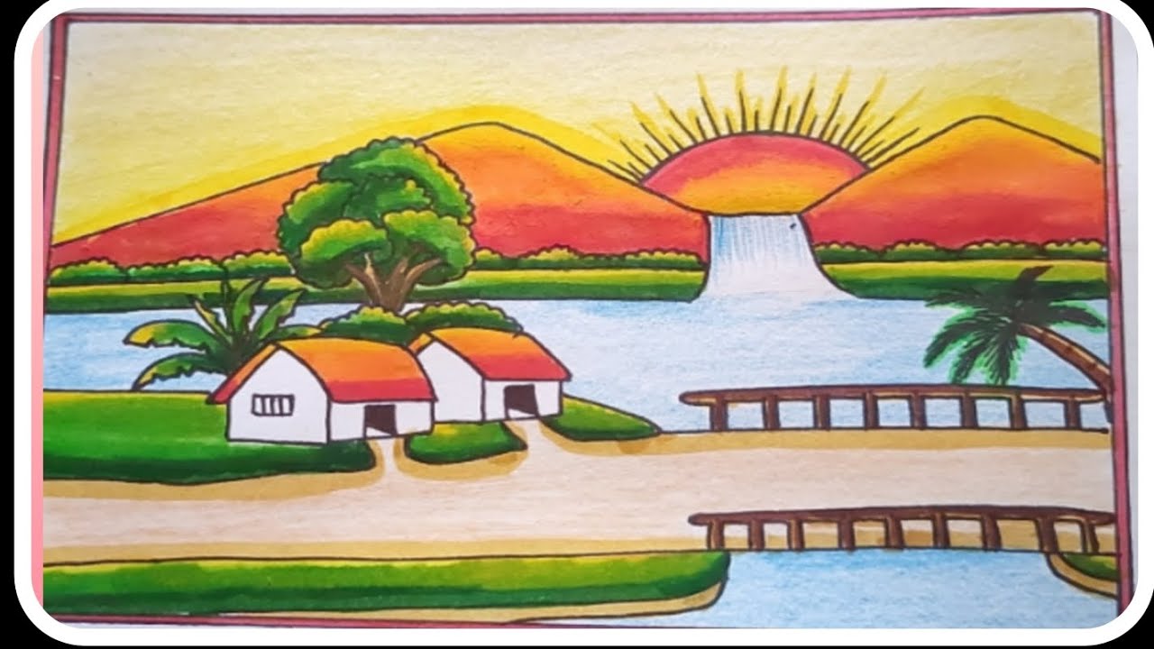 Easy landscape scenery drawing||step by step scenery drawing for ...
