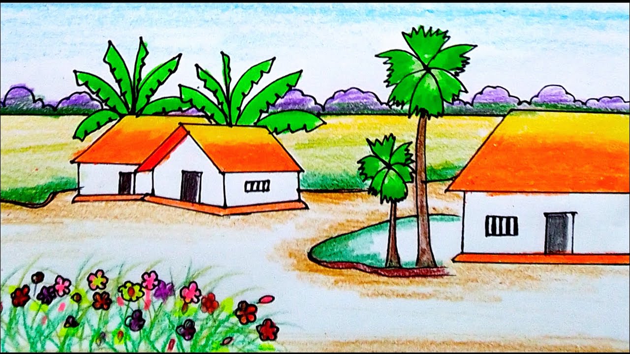 Village drawing with colour// How to draw village scenery step by step ...