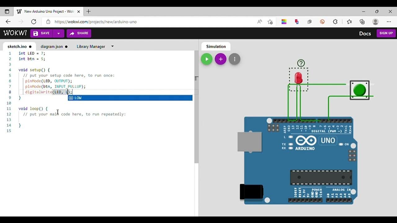 SIMULASI WOKWI ARDUINO (LED DAN PUSHBUTTON - YouTube