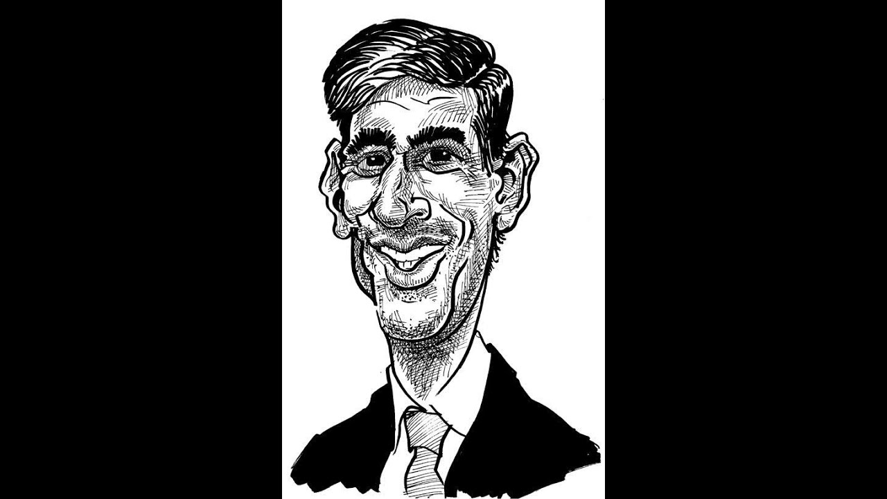 Drawing a Caricature cartoon of Chancellor of the Exchequer Rishi Sunak ...