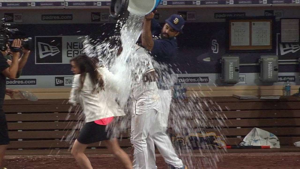 ARI@SD: Upton gets gatorade bath after walk-off homer - YouTube