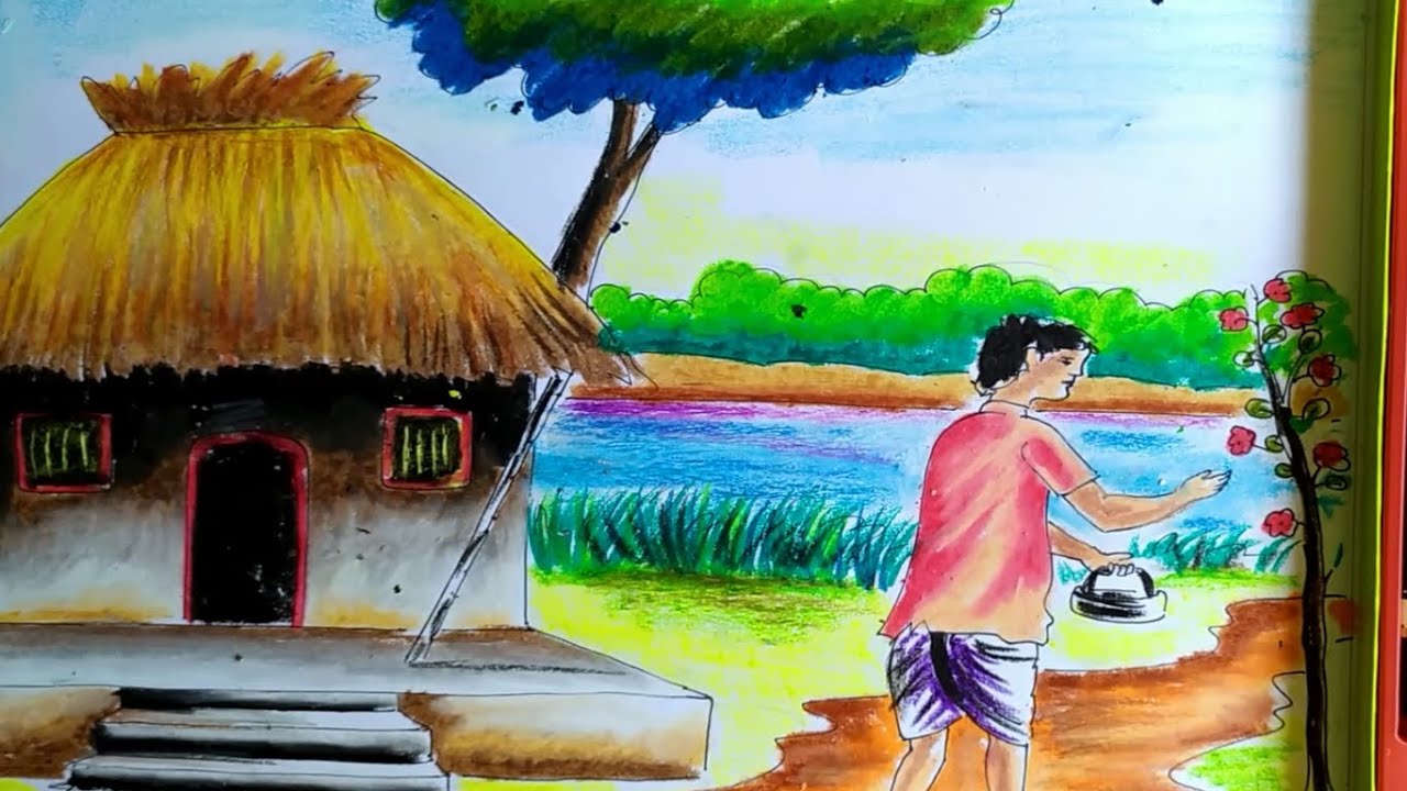 Easy Village Drawing with Oil Pastels Step by Step | Learn house and ...