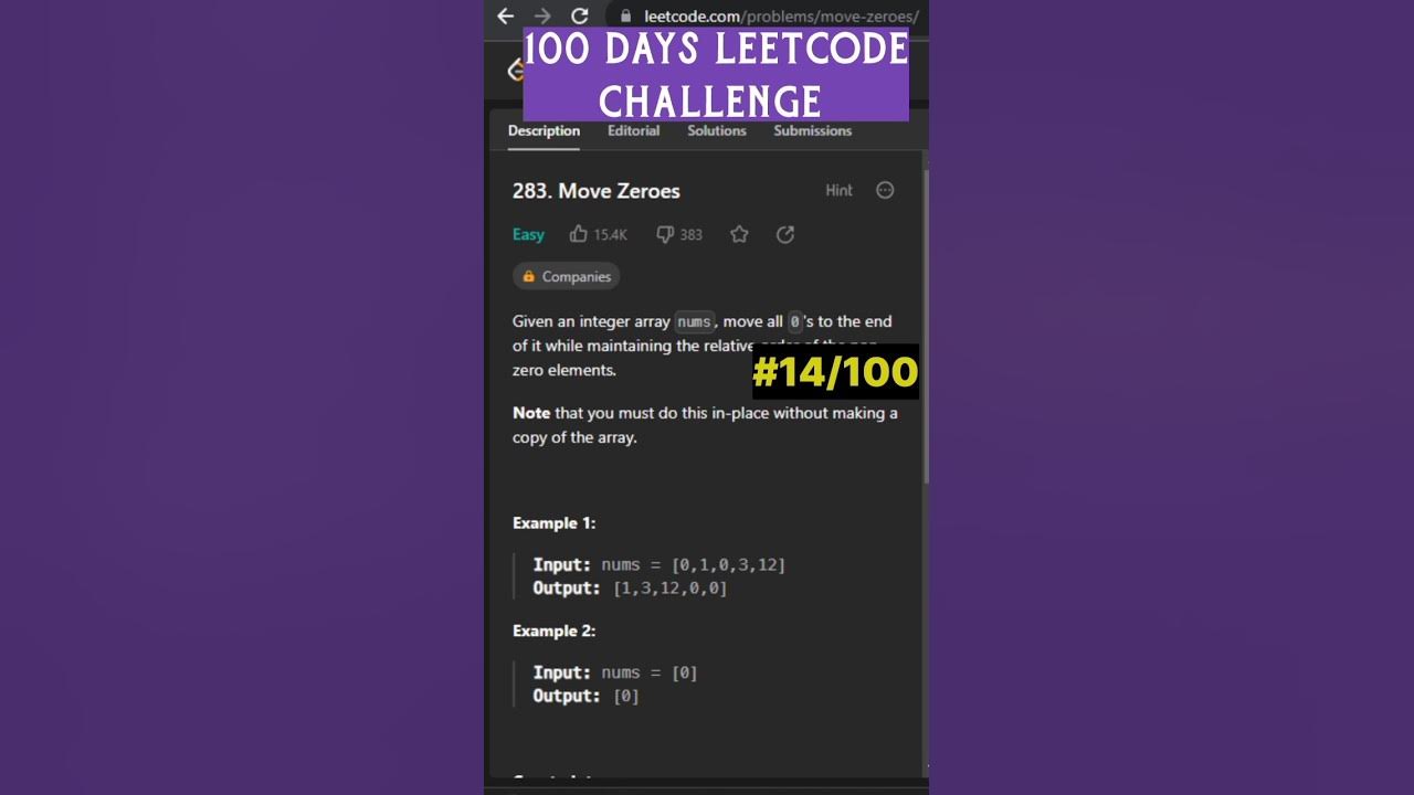 Day 14100 Leetcode Challenge 🚀 283 Move Zeros Coding Leetcodechallenge Youtube