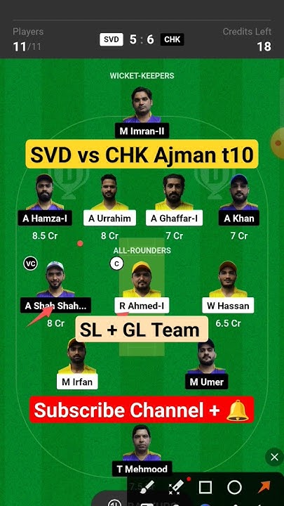 SVD vs CHK Dream11 Prediction, SVD vs CHK Dream11 Team,SVD vs CHK Ajman t10 Dream11 Team Today ...