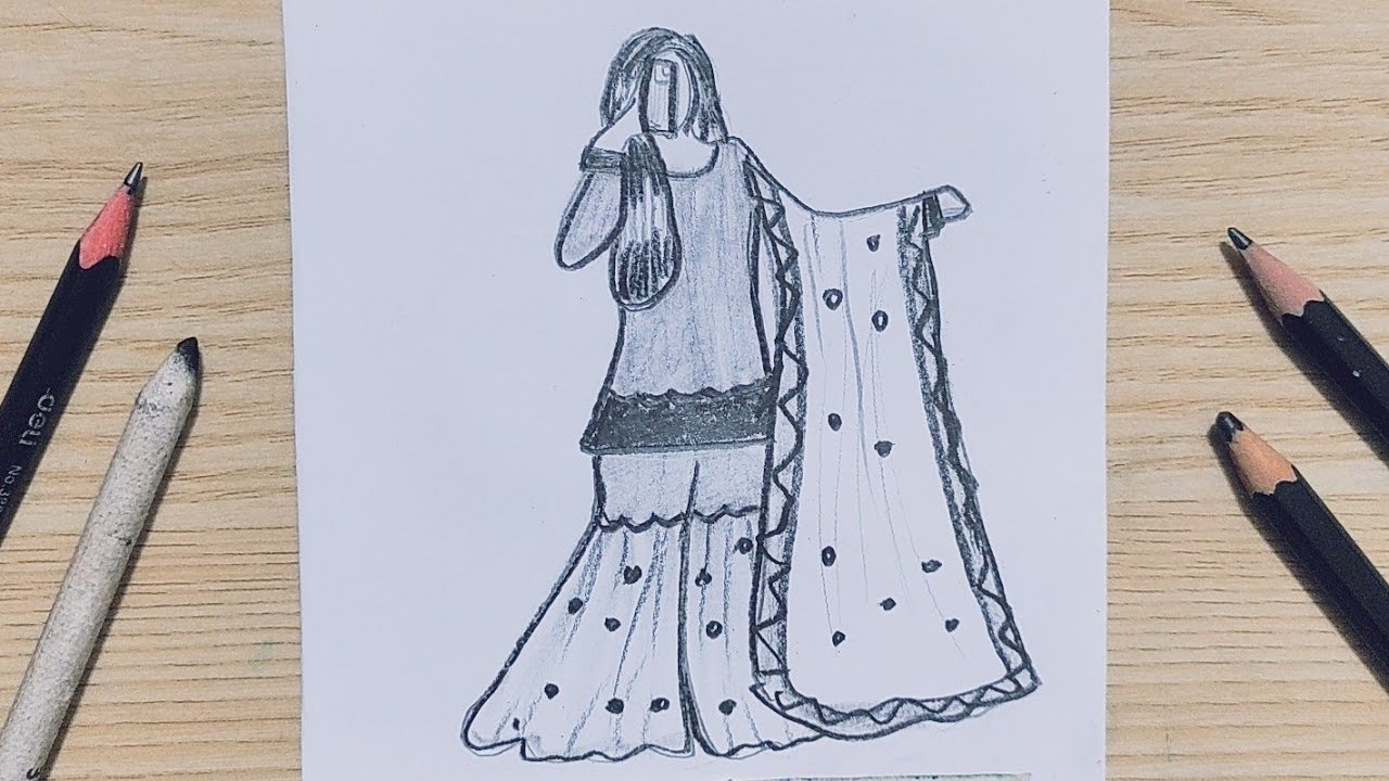 How to draw a Girl taking selfie in sharara dress | Pencil sketch for ...