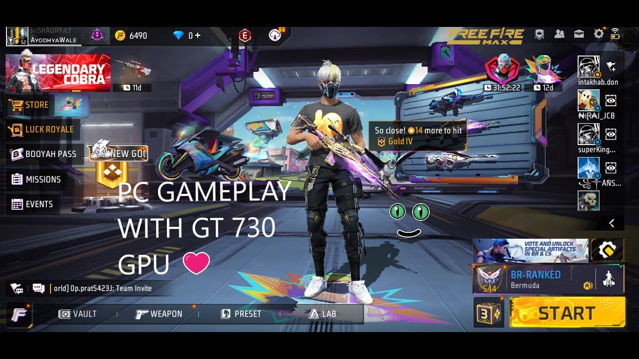 #freefire pc gameplay class squad with GT 730 GPU low end pc please support me like and ...