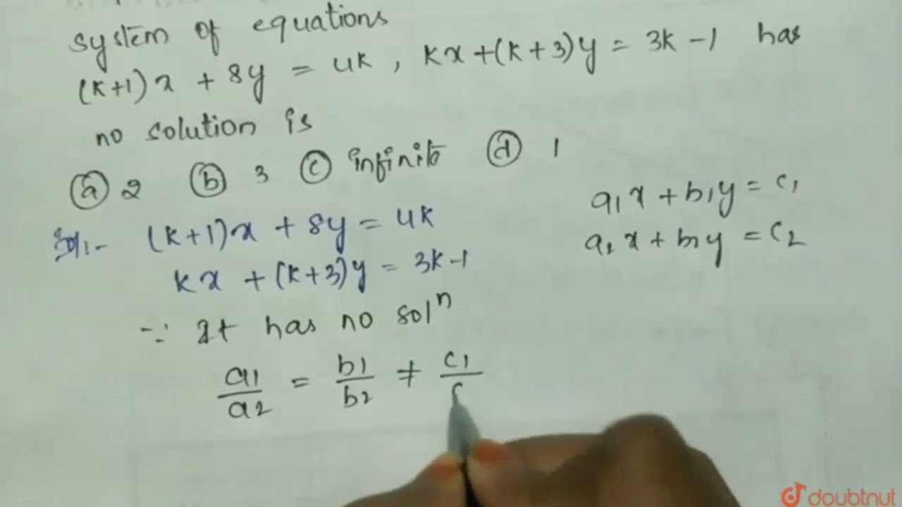 The number of values of k for which the system of equations: `(k+1)x+8y ...