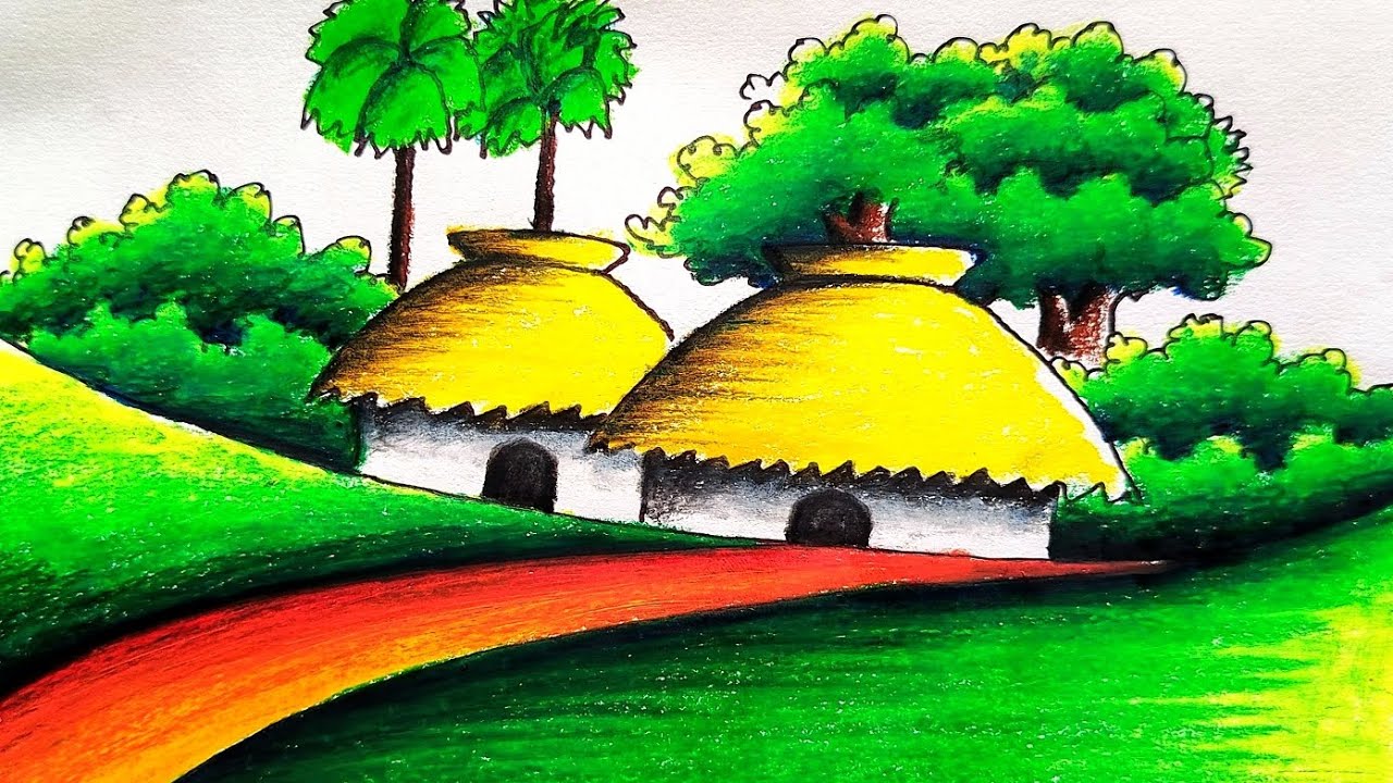 Village drawing easy / Beautiful village drawing easy - YouTube
