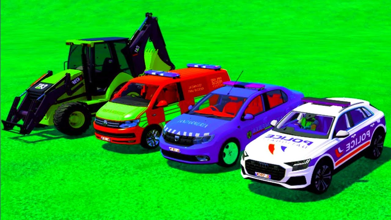 DACIA POLICE CARS, TRANSPORTING AUDI, FIRE DEPARTMENT, CAT LOADER WITH ...