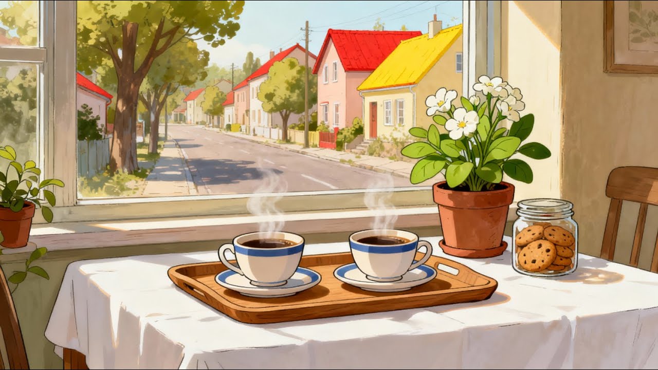 morning on a small town, enjoying a cup of tea with friendly neighbors ...