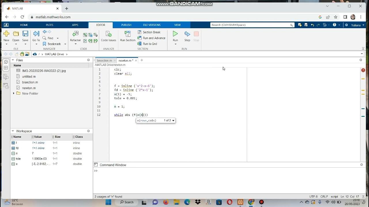Mencari Akar persamaan menggunakan Metode bisection dan Newton menggunakan aplikasi Matlab ...