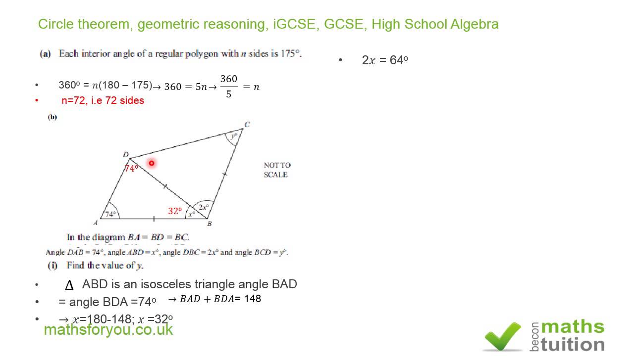 Circle theorem, geometric reasoning, iGCSE, GCSE, High School Algebra ...
