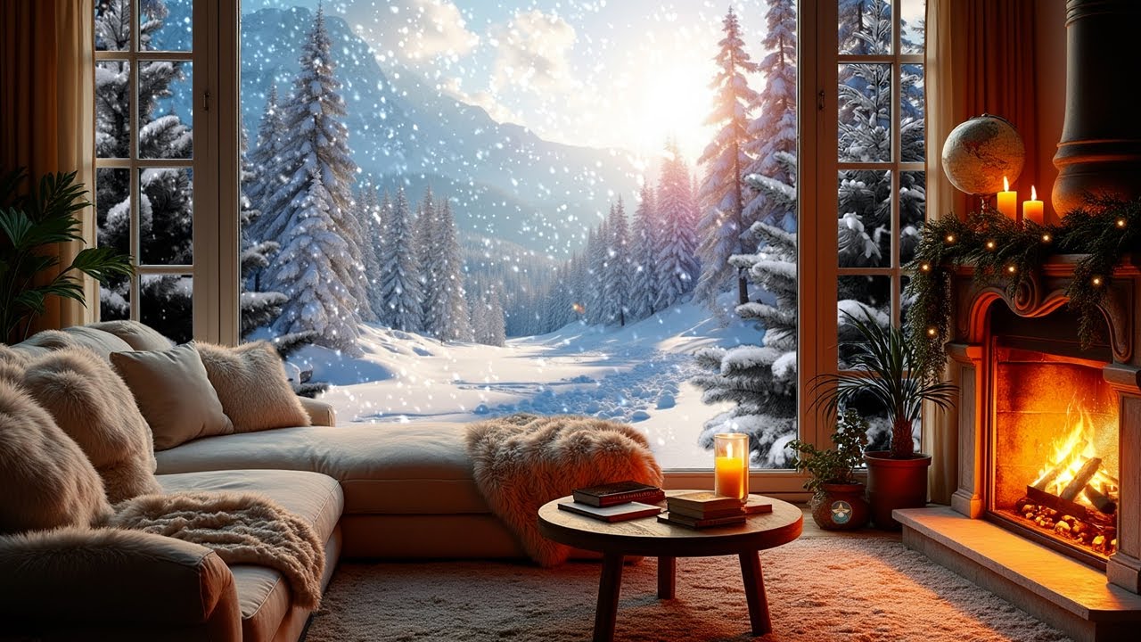 Magical Snowfall in a Cozy Winter Cabin ️ Crackling Fireplace ...