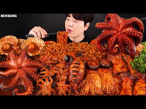 ASMR MUKBANG | Acılı deniz ürünleri 🐙🦑 mantar, ahtapot, kalamar, deniz tarağı tarifi YEME SESİ