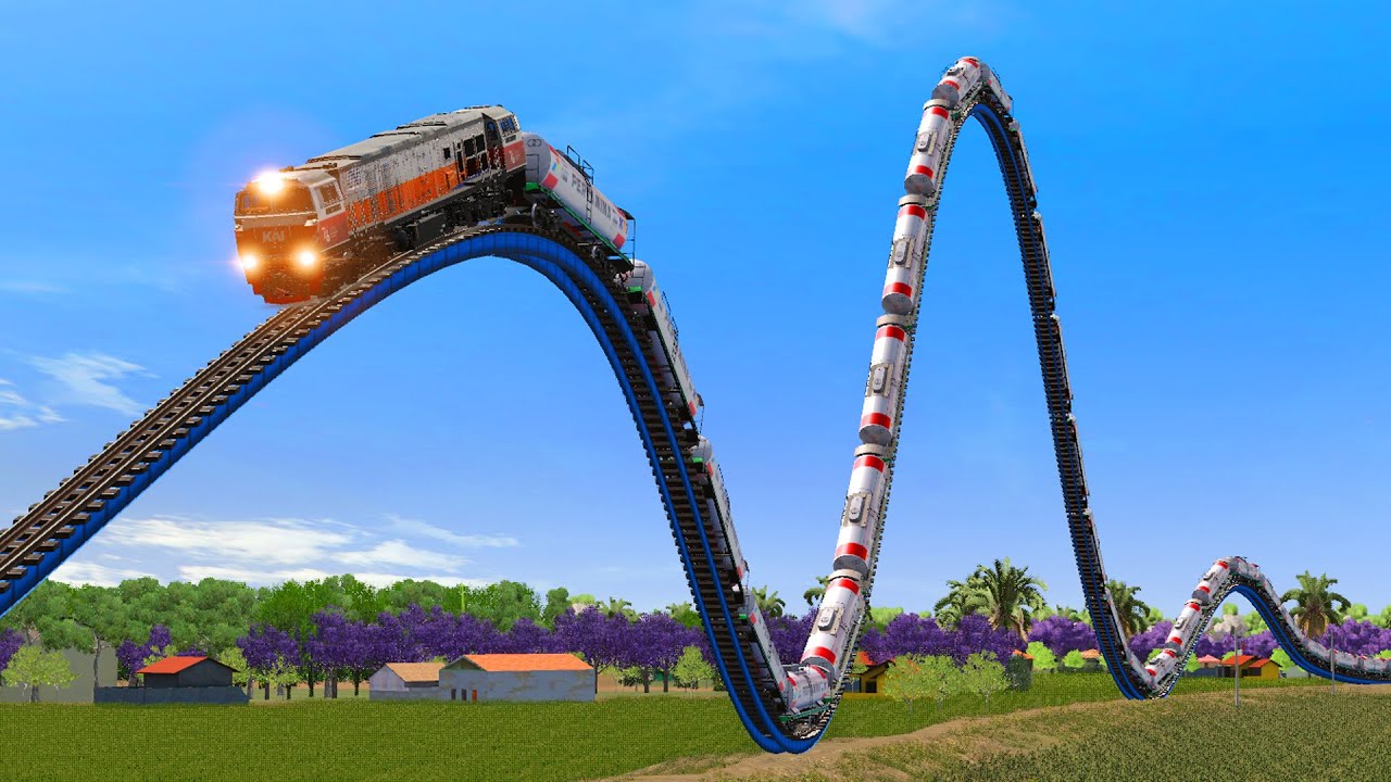 Two Colorful Trains On Extreme Rail Tracks Like Roller Coasters | Bumpy ...