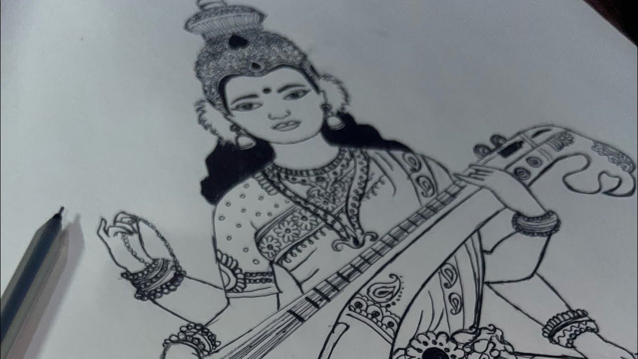 how to draw maa saraswati very easy line drawing sep by step | how to ...