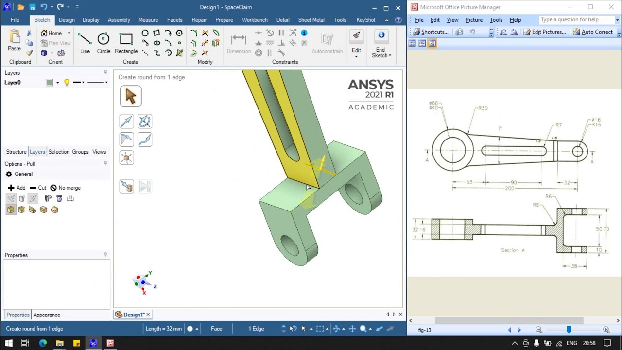Ansys SpaceClaim connecting rod Modelling and Drafting Example 9 - YouTube