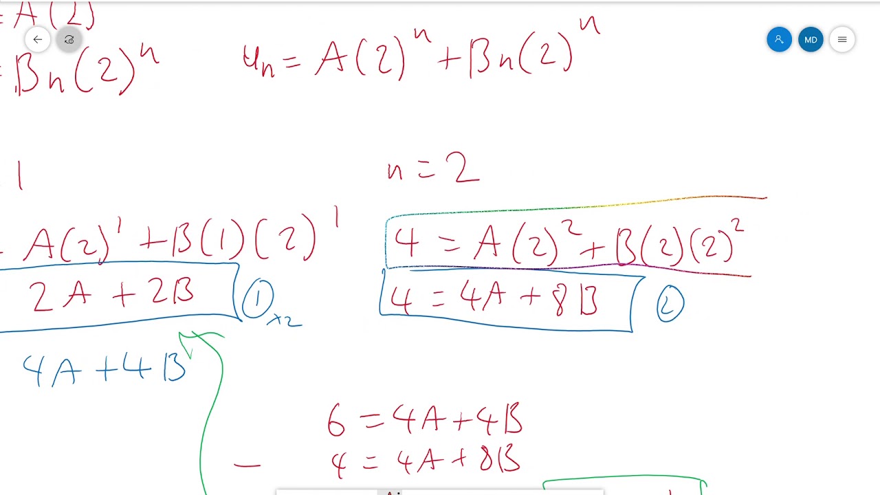 Solving Second Order Recurrence Relations Where The Auxiliary Equation Has Equal Roots Youtube